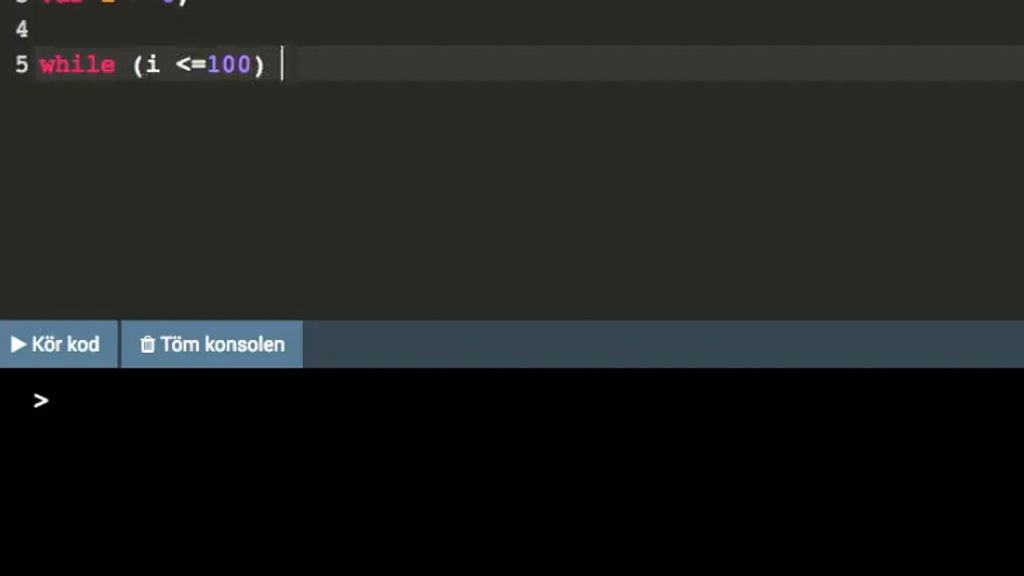 Kodexempel med while-loop, summera alla tal från 0 till 100 - Javascript (Programmering) - Eddler